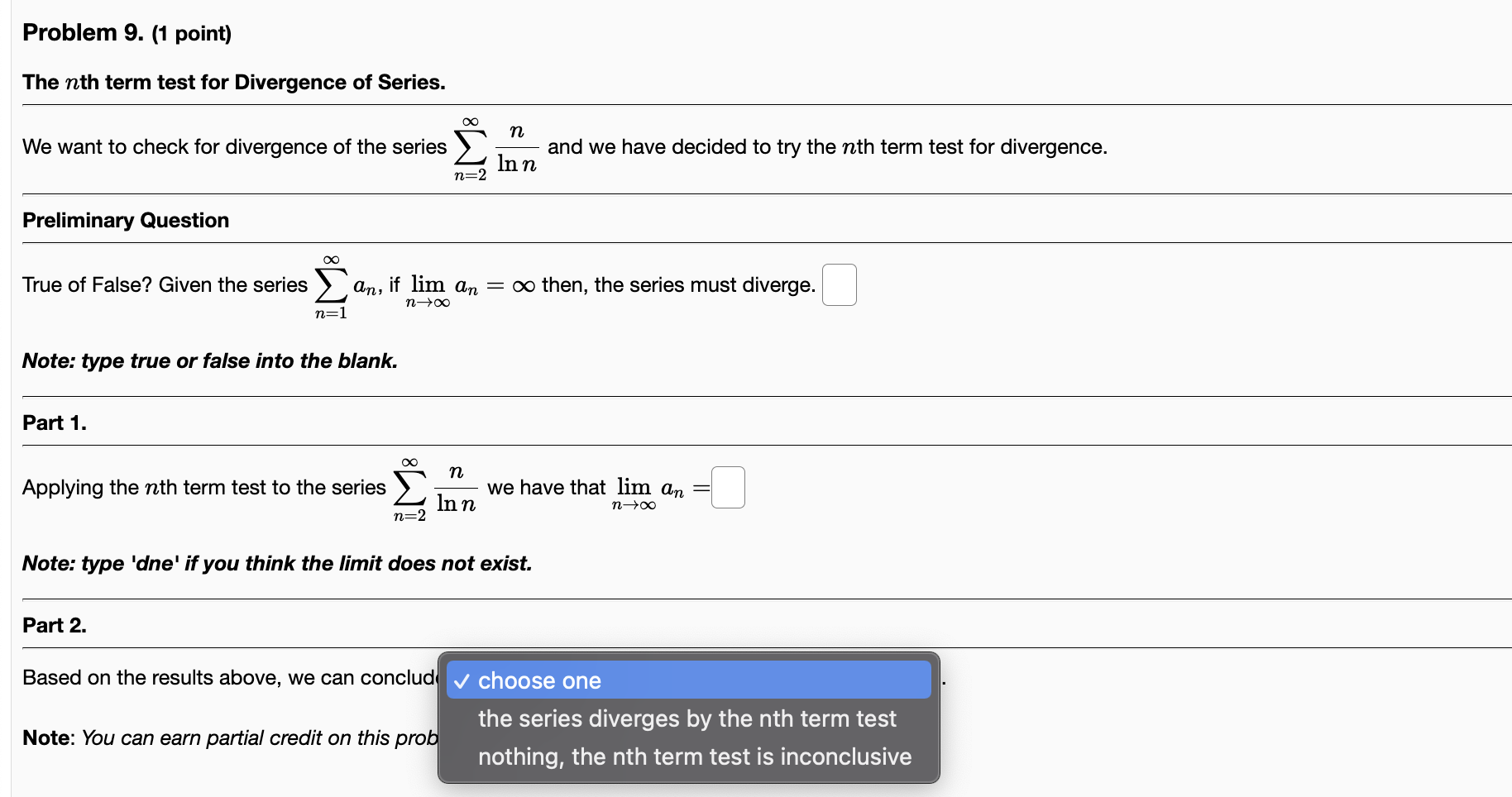 Solved Problem 9. (1 point) The nth term test for Divergence | Chegg.com