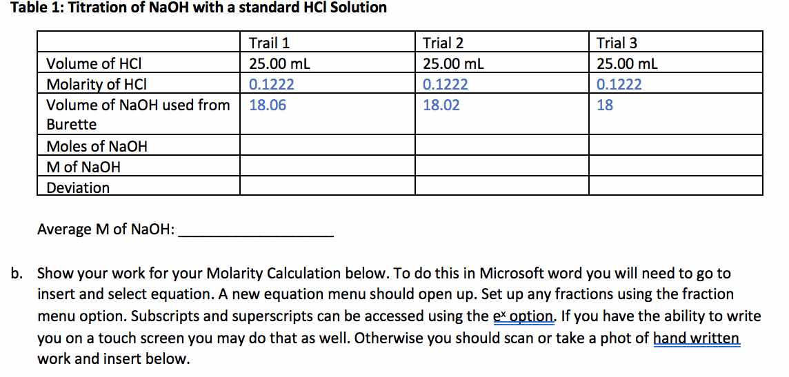 Solved Table 1: Titration of NaOH with a standard HCI | Chegg.com
