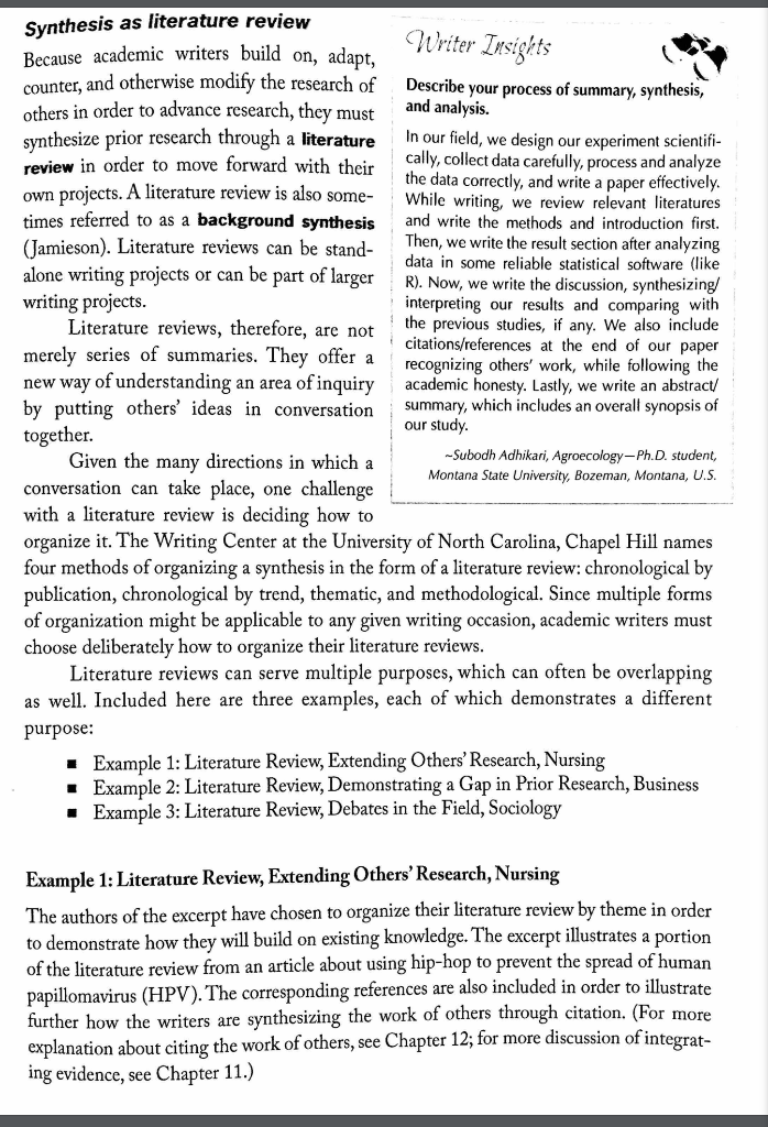 Synthesis as literature review Because academic | Chegg.com