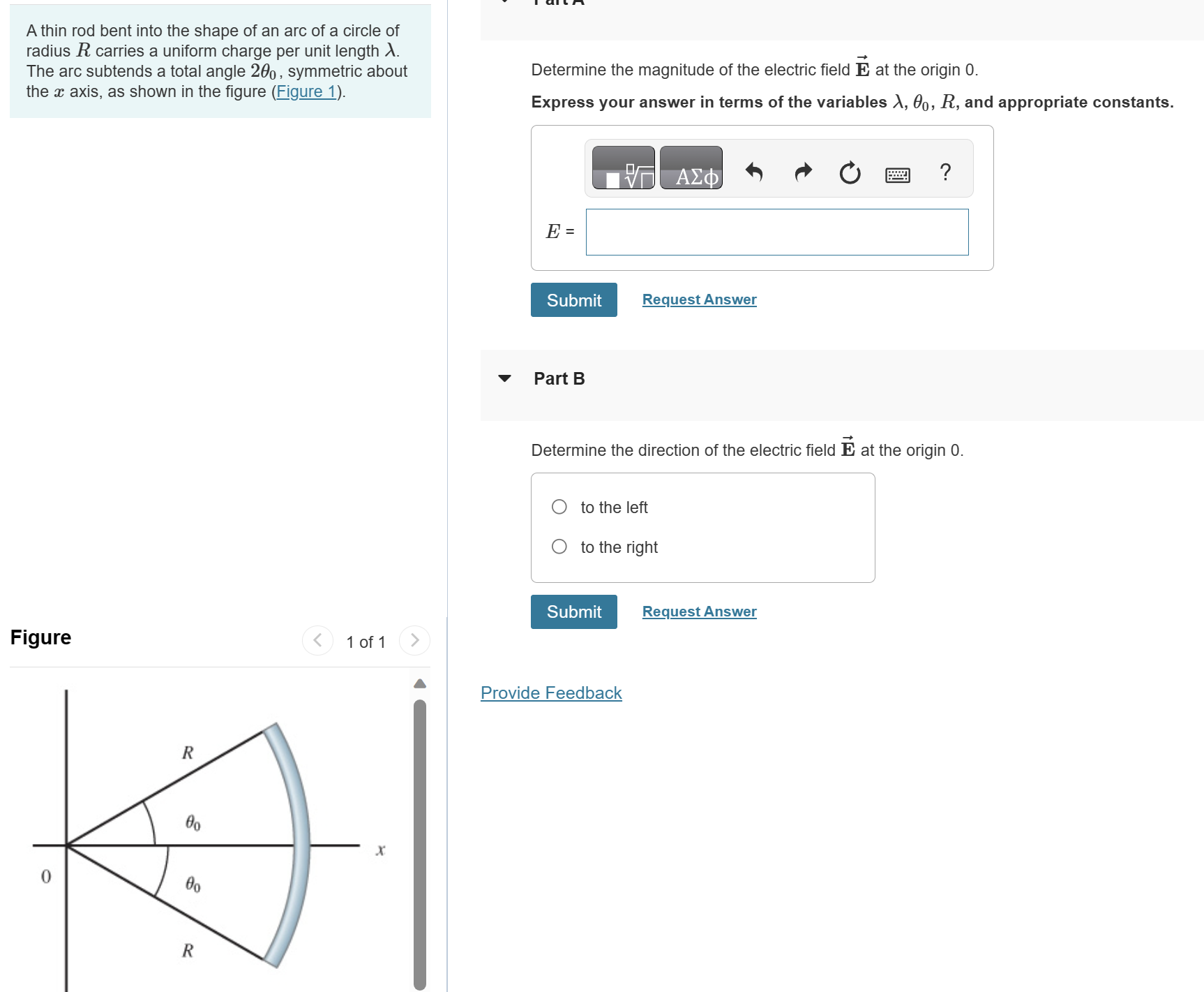 Solved A thin rod bent into the shape of an arc of a circle | Chegg.com