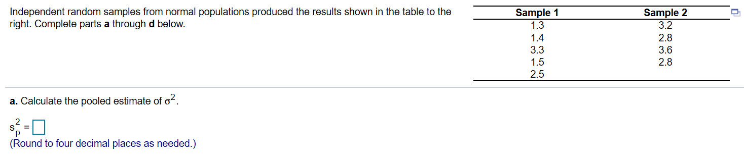 Solved a.) Calculate the pooled estimate of σ² b.) Does the | Chegg.com