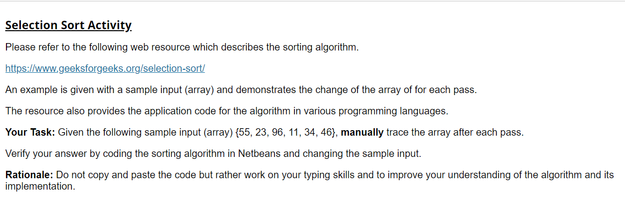 Solved Selection Sort Activity. Please refer to the | Chegg.com