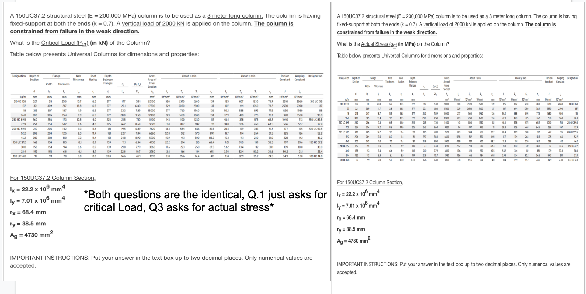 Solved A 150UC37.2 structural steel (E = 200,000 MPa) column | Chegg.com
