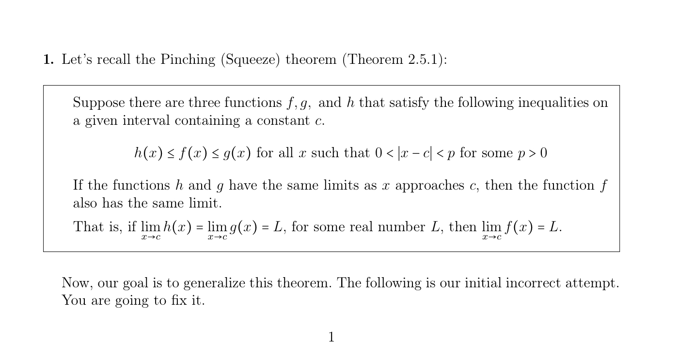 Solved 1. Let's recall the Pinching (Squeeze) theorem | Chegg.com