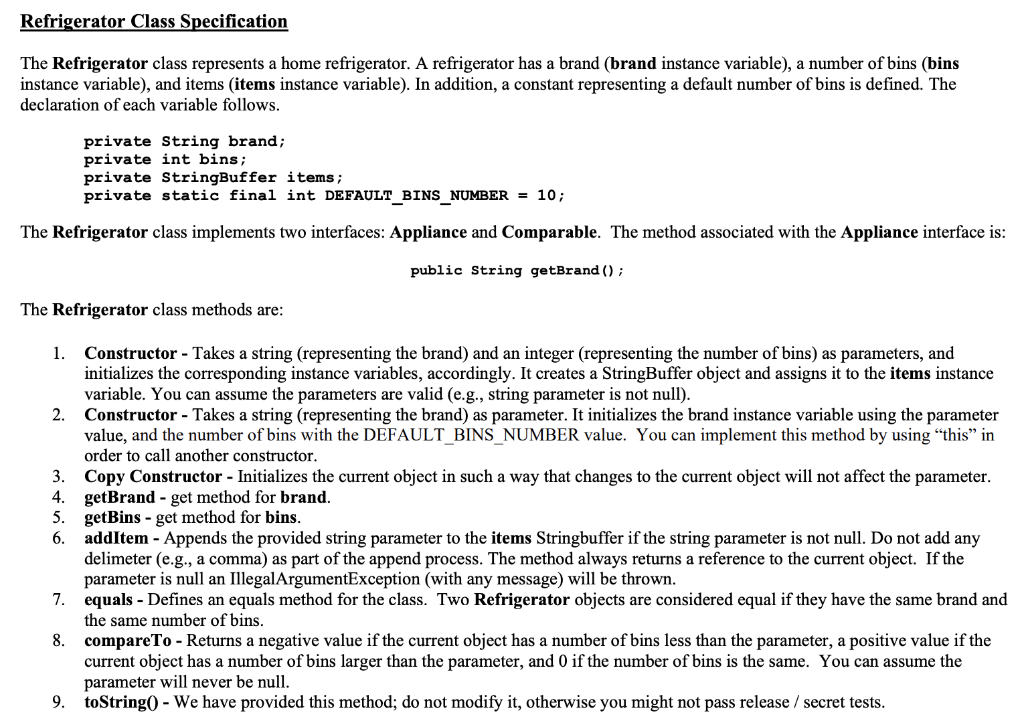 Solved Refrigerator Class Specification The Refrigerator | Chegg.com