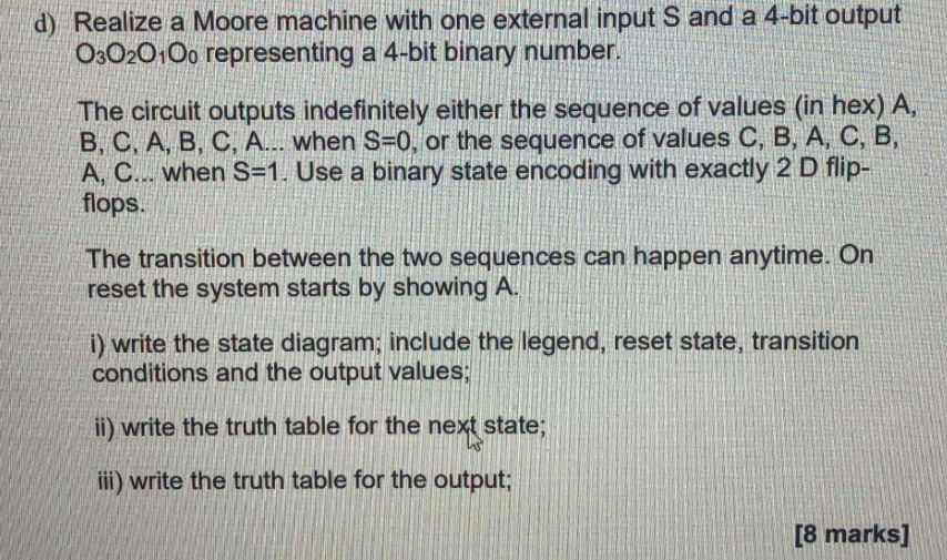 Solved d) Realize a Moore machine with one external input S | Chegg.com