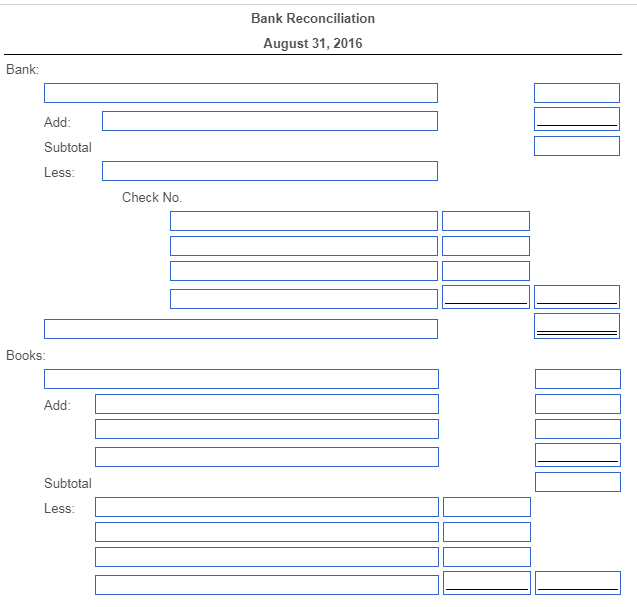 Solved Data Table Data Table Bank Statement for August 2016 | Chegg.com