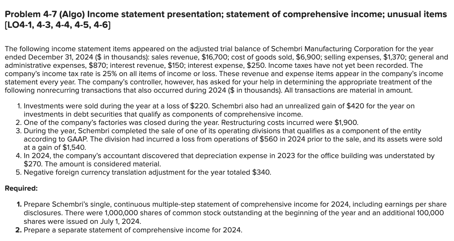 Solved Problem 4-7 (Algo) Income statement presentation; | Chegg.com