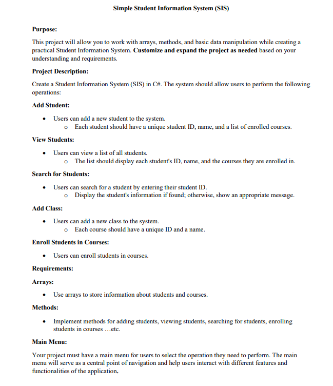 Solved Simple Student Information System (SIS) Purpose: This | Chegg.com