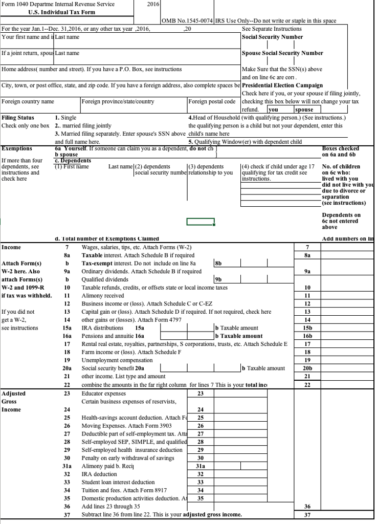 Solved Departme Internal Revenue Service U.S. Individual Tax | Chegg.com
