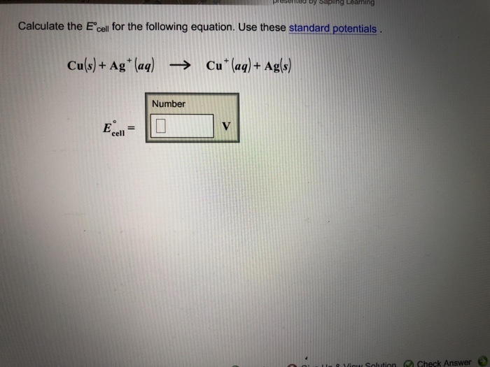 Solved Calculate the Ecell for the following equation. Use | Chegg.com