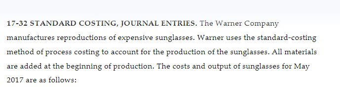 Solved 17-32 STANDARD COSTING, JOURNAL ENTRIES. The Warner | Chegg.com