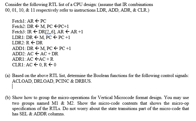 Consider the following RTL list of a CPU design: | Chegg.com