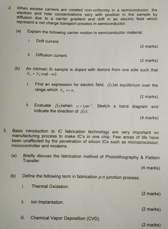 Solved 2. When excess carriers are created non-uniformly in | Chegg.com