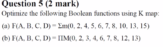 Solved Question 5 (2 mark) Optimize the following Boolean | Chegg.com