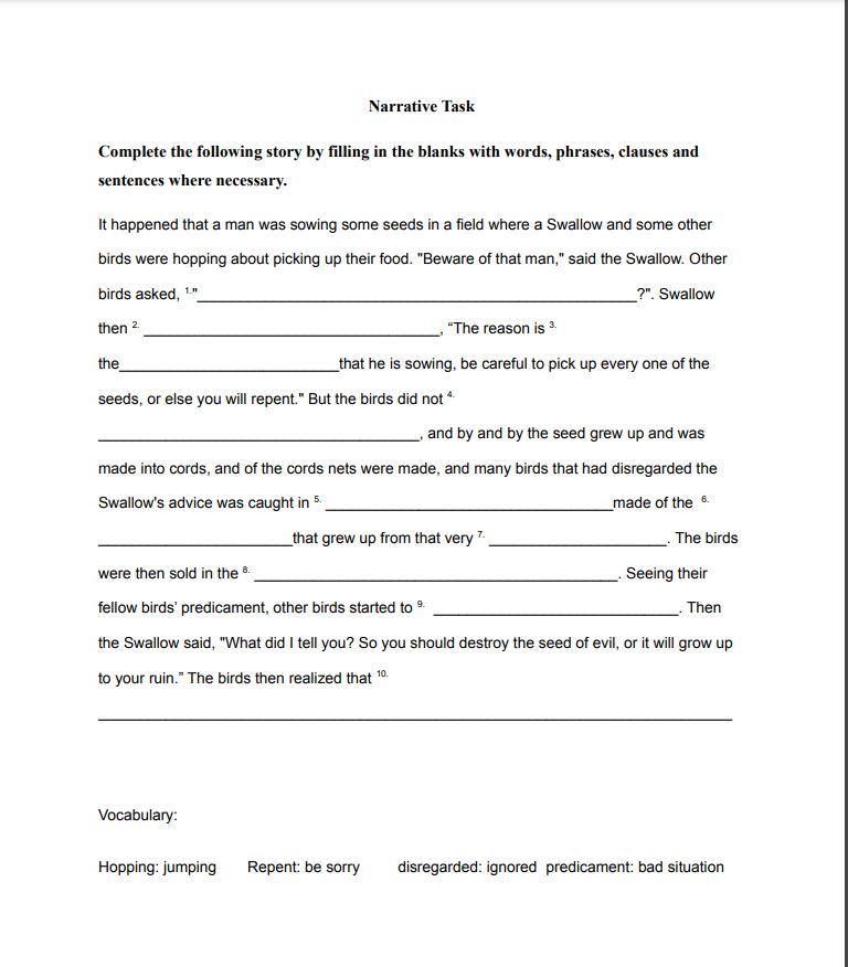 Solved Narrative Task Complete the following story by | Chegg.com