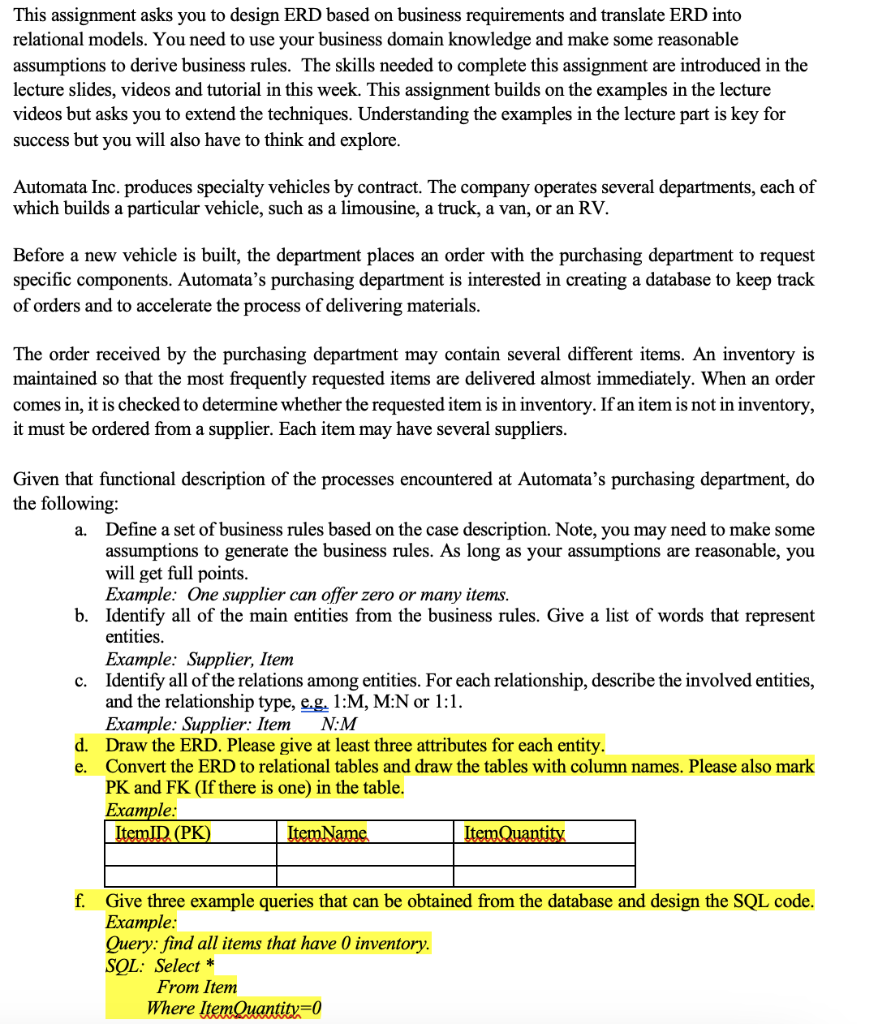 Solved This assignment asks you to design ERD based on | Chegg.com