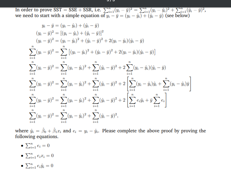 Solved In order to prove SST = SSE + SSR, i.e. Σ.(9 - 9)2 = | Chegg.com