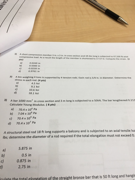 Solved 1) A short compression member 3 in. x 3 in. in cross | Chegg.com