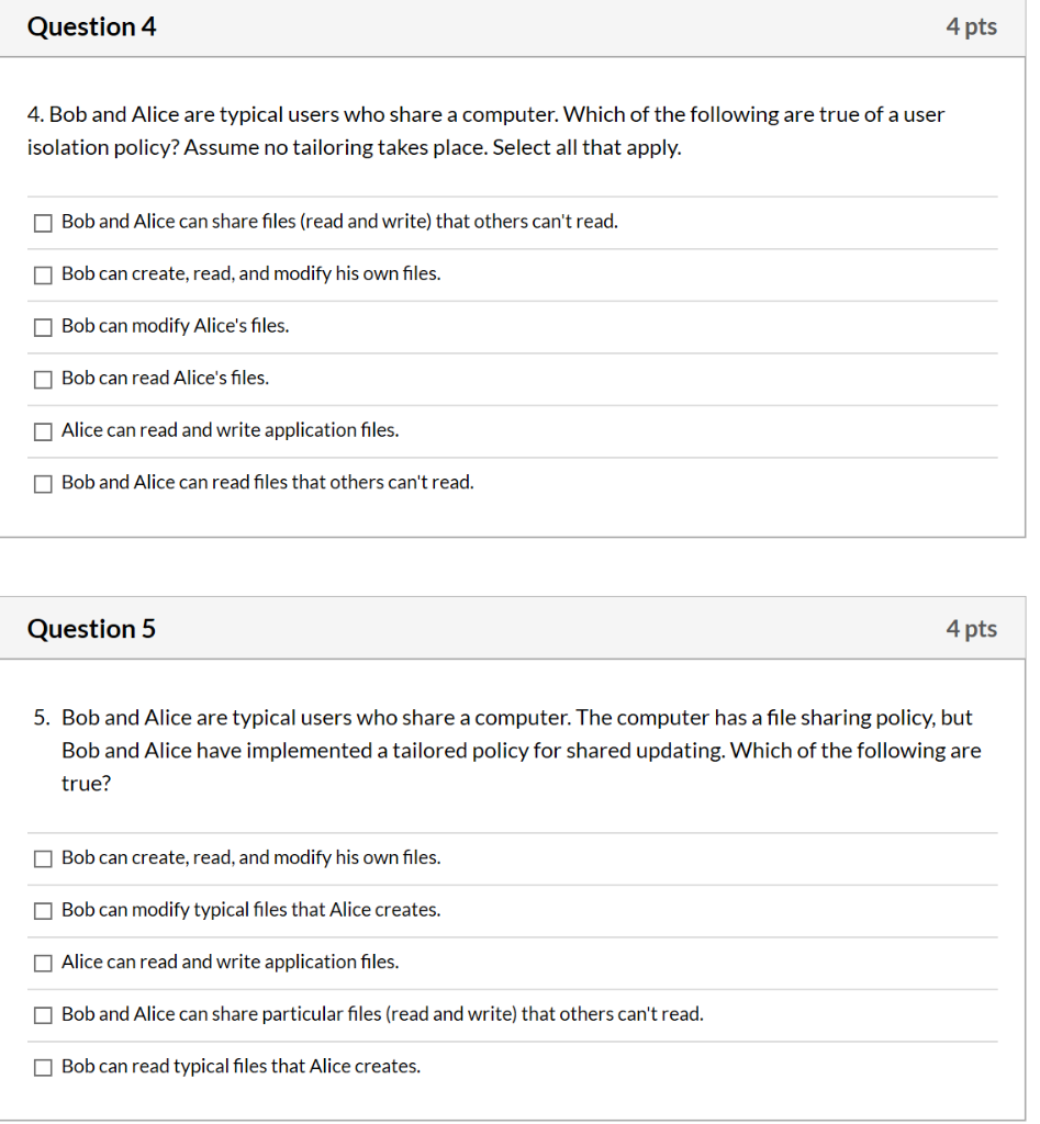 Solved Question 2 4 pts 2. Bob and Alice are typical users | Chegg.com Solved Question 2 4 pts 2. Bob and Alice are typical users | Chegg.com