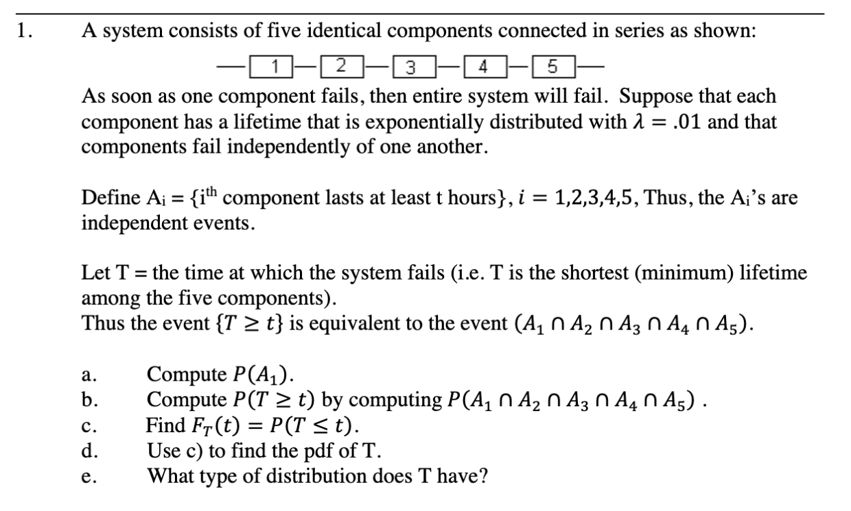 Solved 1. A system consists of five identical components | Chegg.com