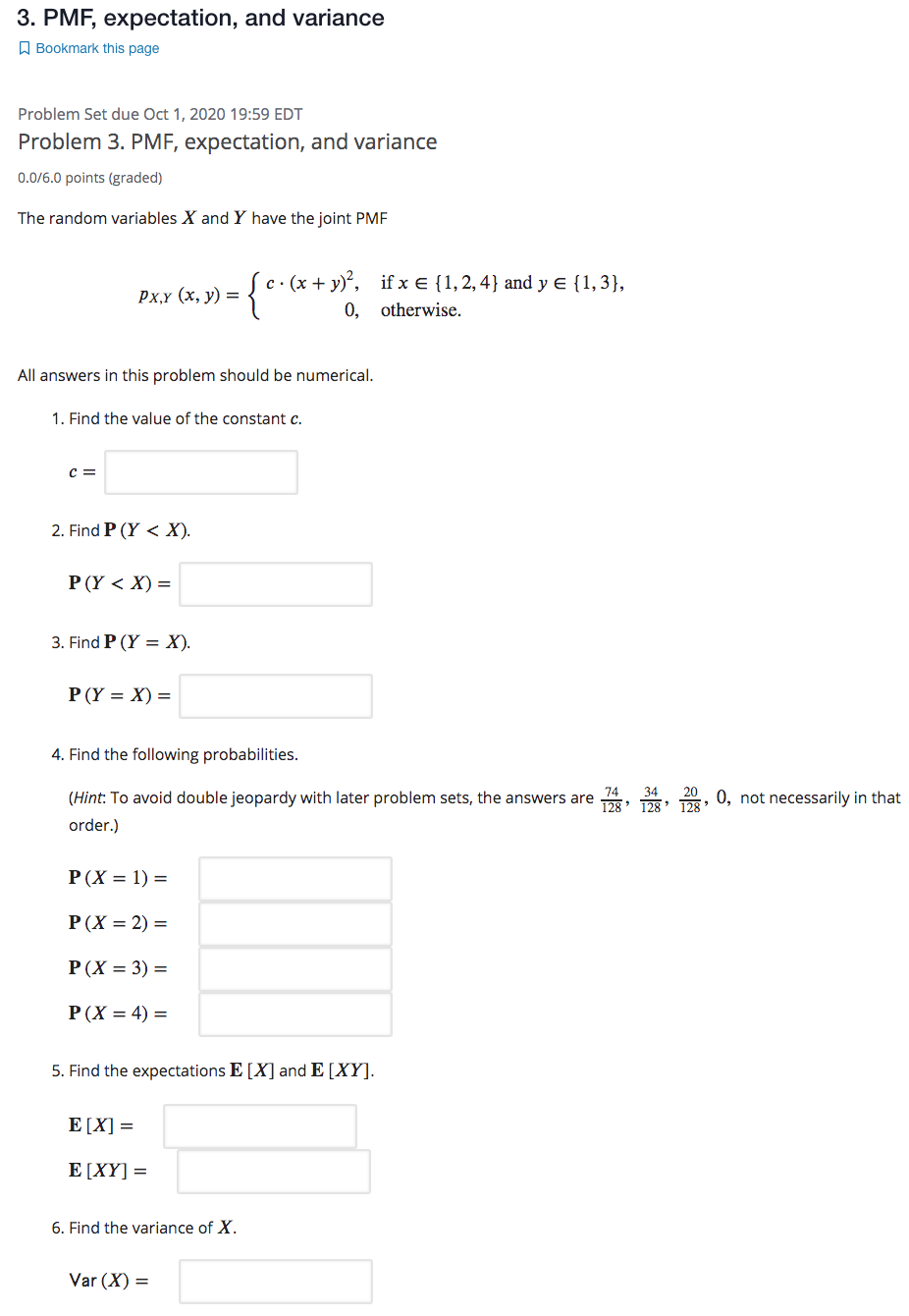Solved 3. PMF, expectation, and variance Bookmark this page | Chegg.com