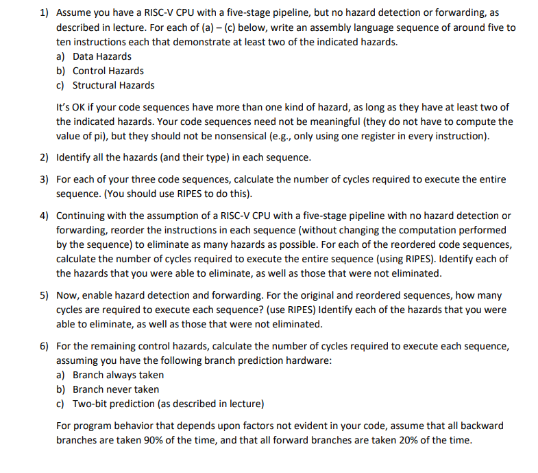 1) Assume you have a RISC-V CPU with a five-stage | Chegg.com