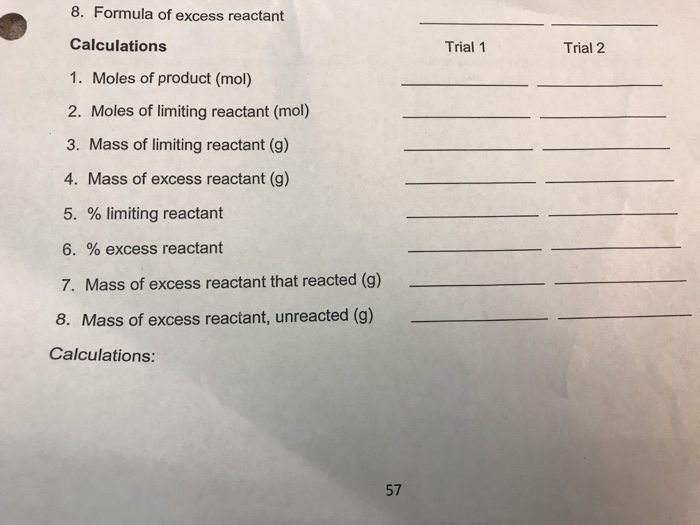 8. Formula of excess reactant Calculations 1. Moles | Chegg.com