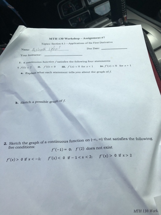 Solved MTH 130 workshop-Assignment #7 Topics: Section | Chegg.com