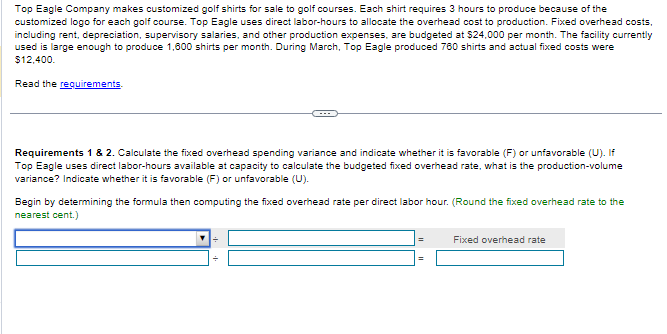Solved Top Eagle Company makes customized golf shirts for | Chegg.com