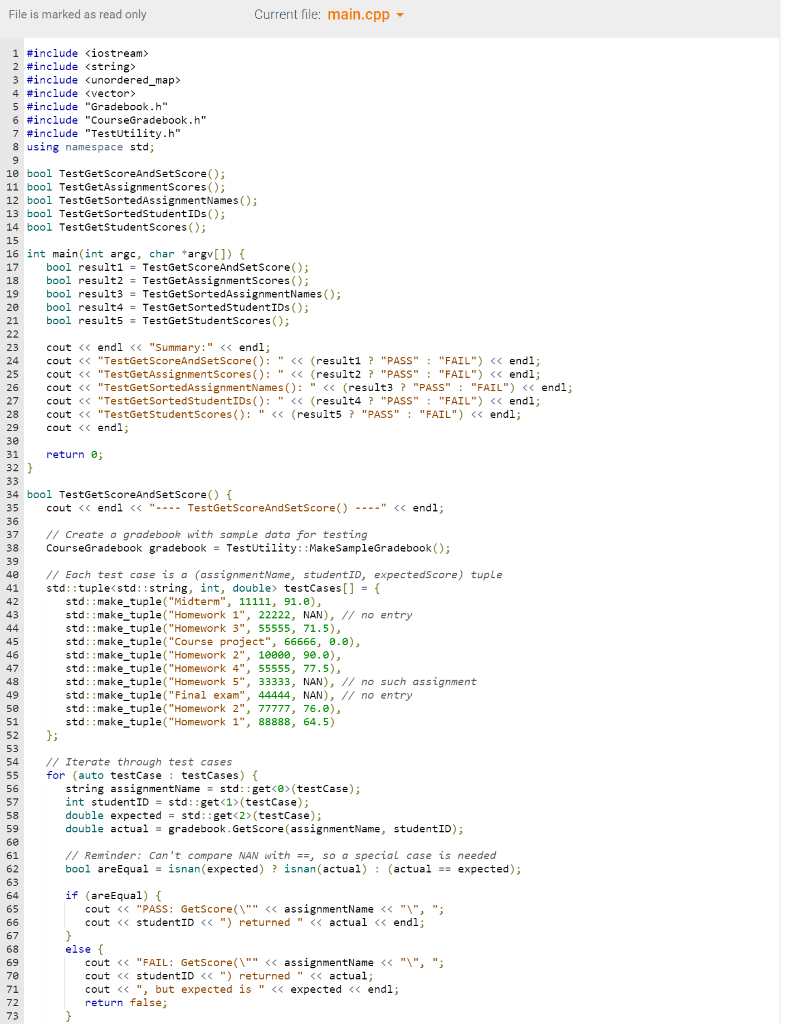 Solved C++, in the following files. Only CourseGradebook.h | Chegg.com