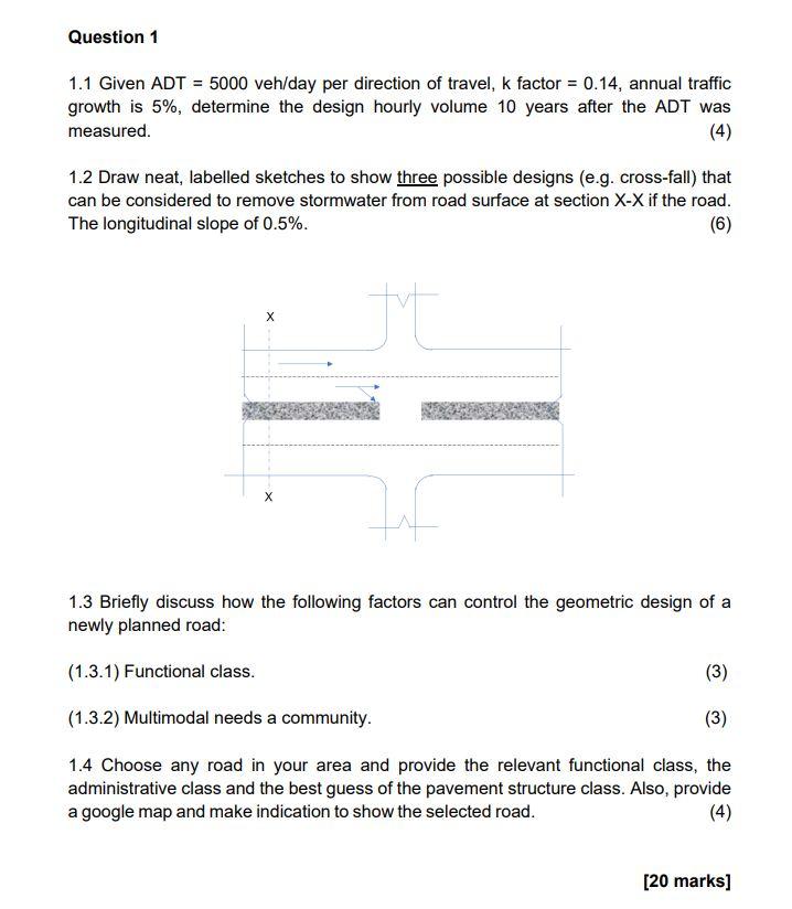 Solved Question 1 1.1 Given ADT = 5000 veh/day per direction | Chegg.com
