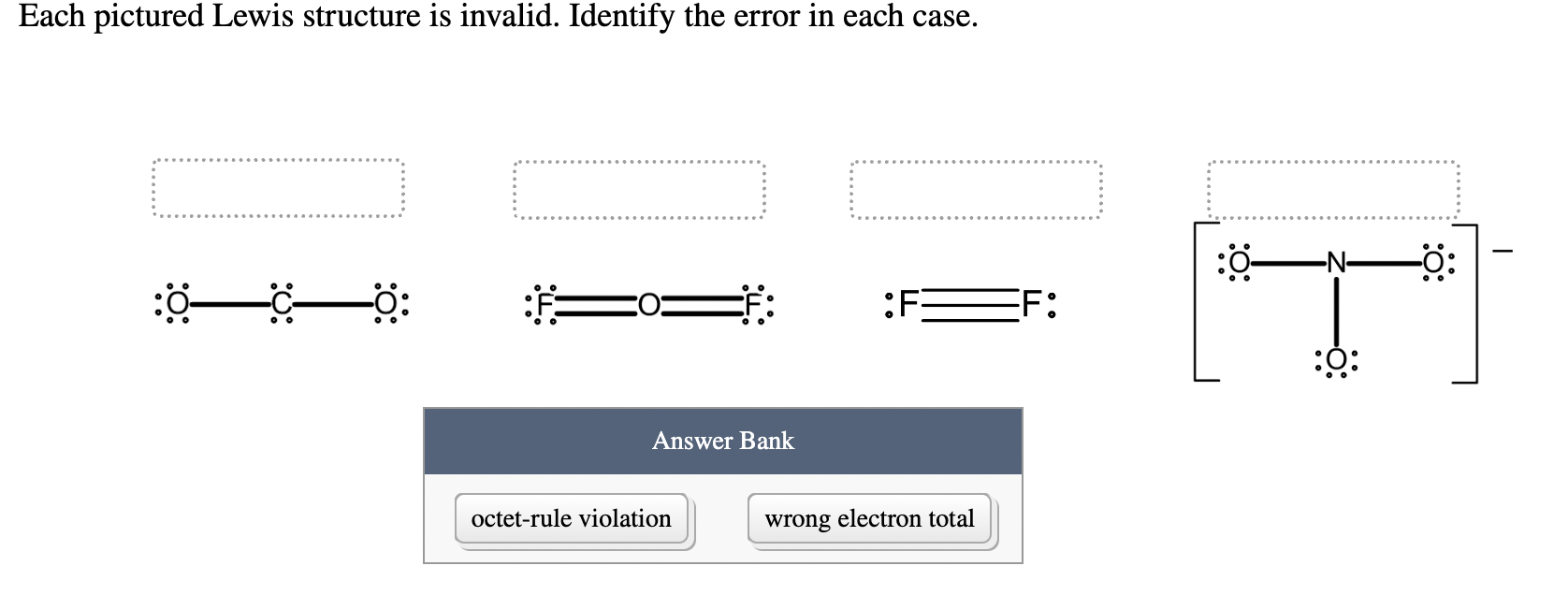 Solved Each pictured Lewis structure is invalid. Identify | Chegg.com