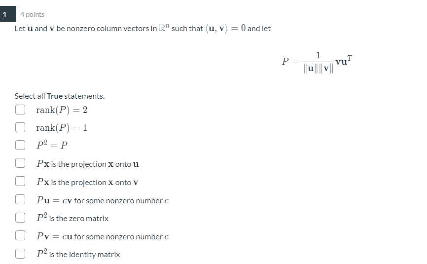 Solved 1 4 points Let u and y be nonzero column vectors in | Chegg.com