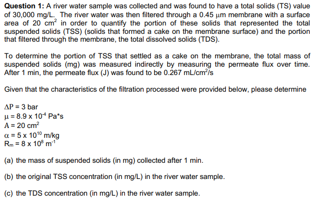 Question 1: A river water sample was collected and | Chegg.com