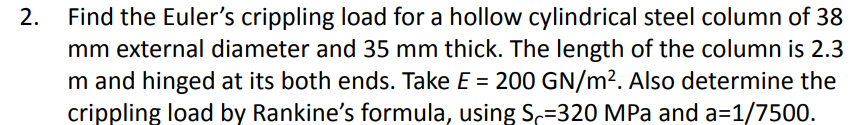 Solved 2. Find the Euler's crippling load for a hollow | Chegg.com
