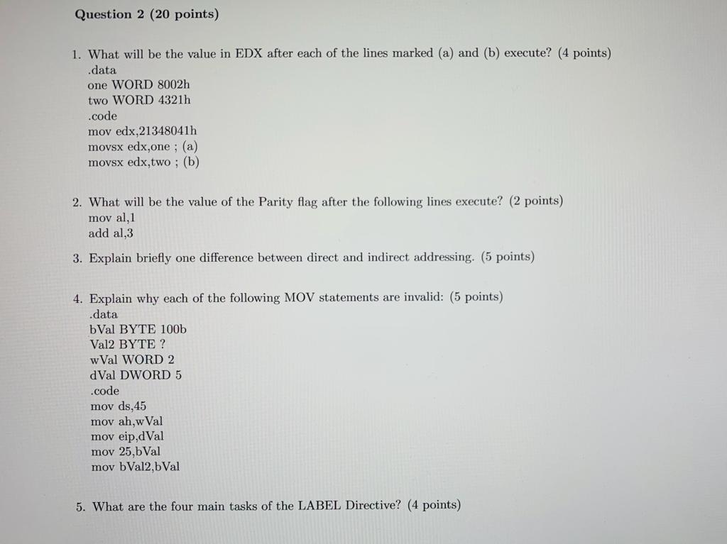 Solved Question 2 (20 points) 1. What will be the value in | Chegg.com