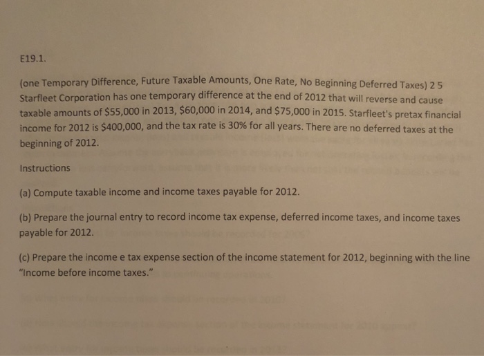Solved E19.1 (one Temporary Difference, Future Taxable | Chegg.com