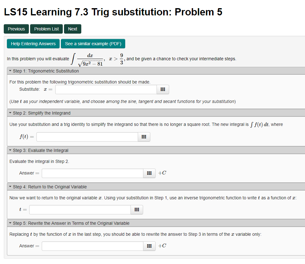 Solved LS15 Learning 7.3 Trig substitution: Problem 5 | Chegg.com