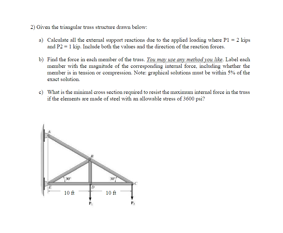 Solved 2) Given the triangular truss structure drawn below: | Chegg.com