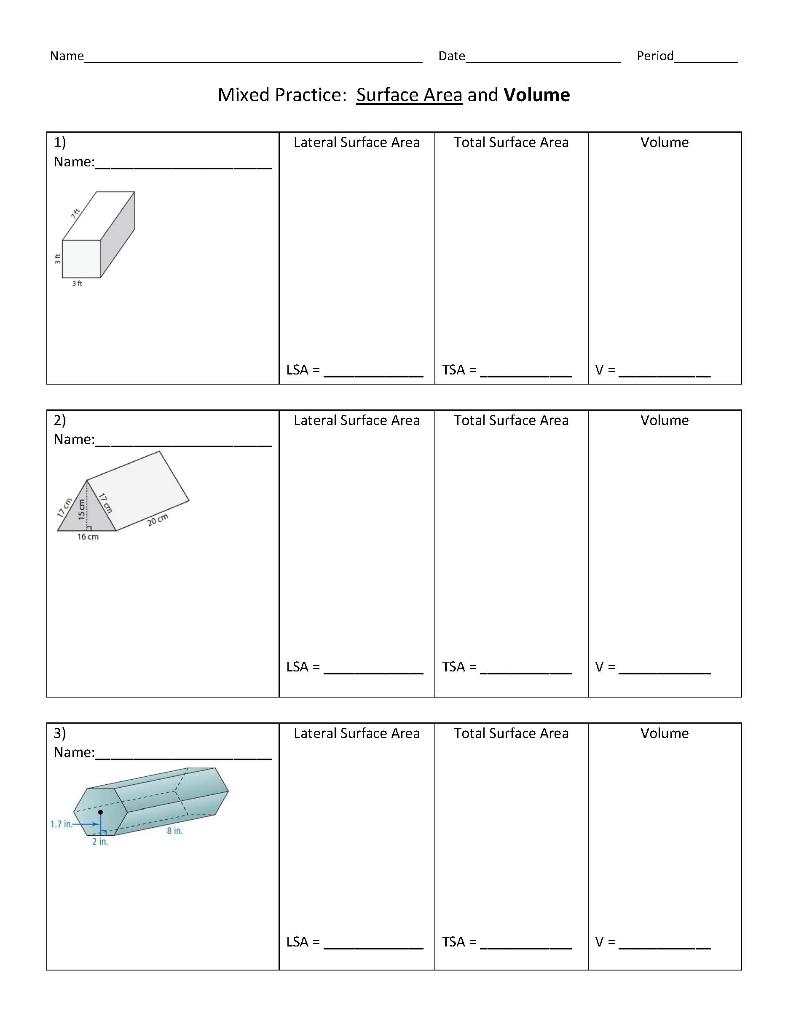 Solved Name Date Period Mixed Practice: Surface Area and | Chegg.com