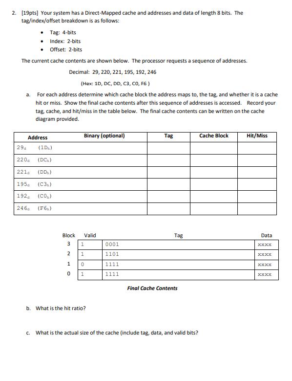 Solved 2. [19pts] Your system has a Direct-Mapped cache and | Chegg.com