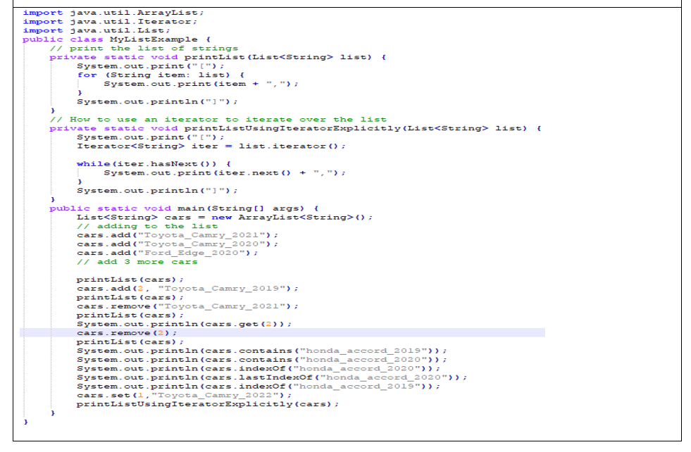Solved printList (cars) System. out.printin (cars. contains | Chegg.com