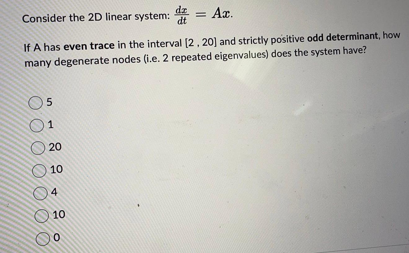 Solved Consider the 2D linear system: dtdx=Ax If A has even | Chegg.com