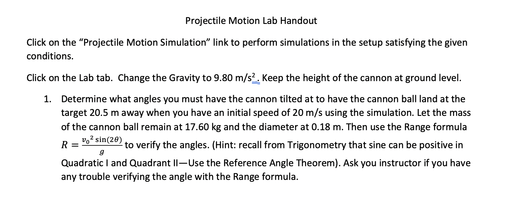 Solved Projectile Motion Lab Handout Click on the | Chegg.com