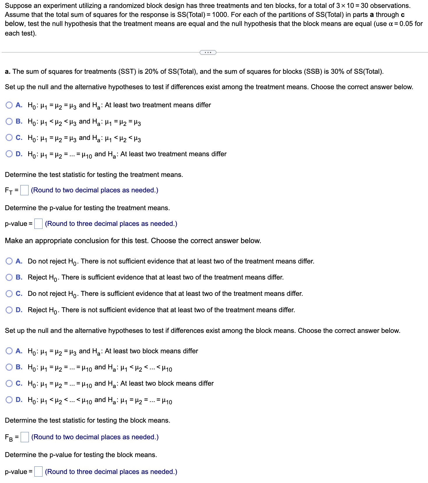 Solved Suppose an experiment utilizing a randomized block | Chegg.com