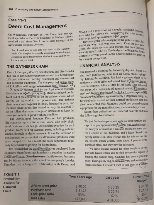 Solved 308 Purchasing and Supply Management Case 11-1 Deere | Chegg.com