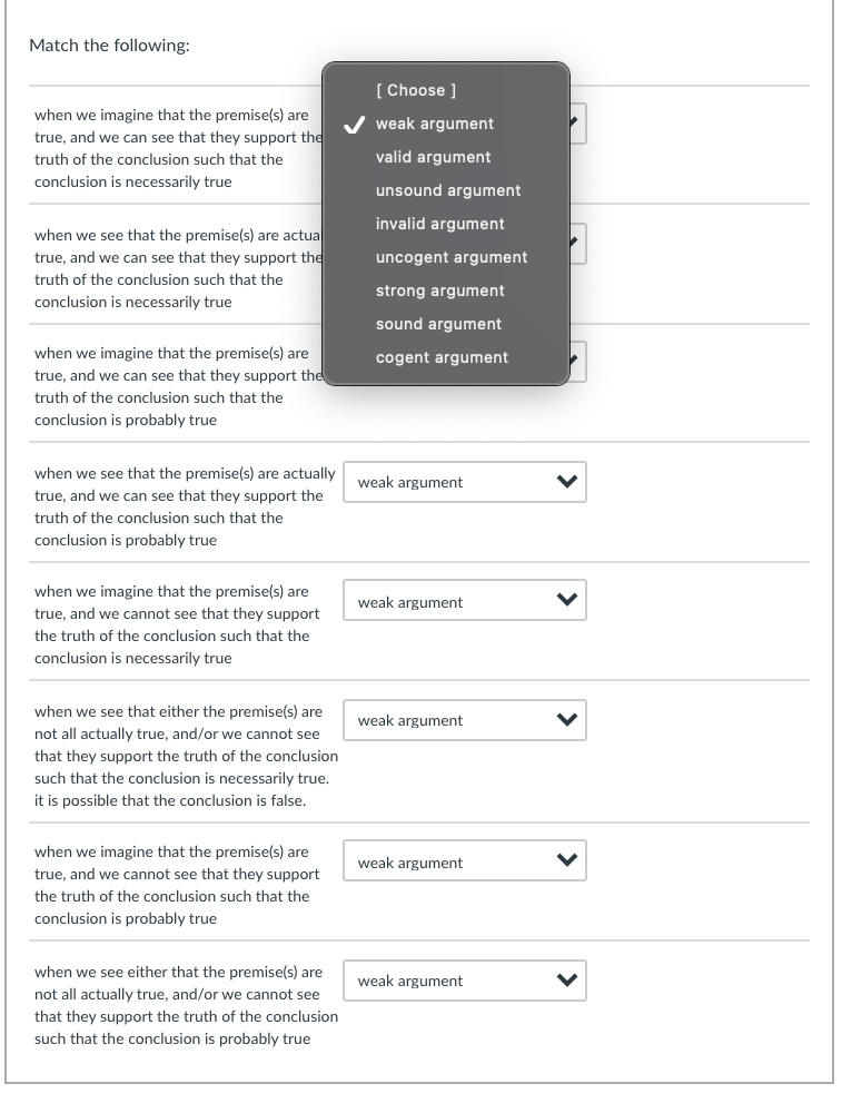 Match the following: [Choose ] weak argument when we | Chegg.com