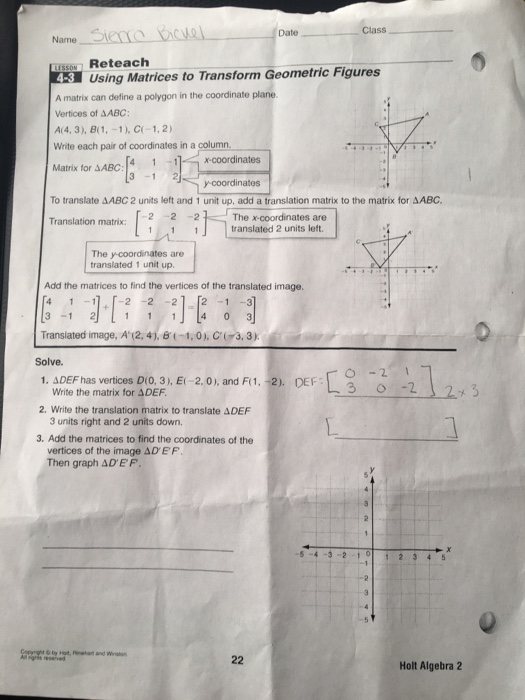 Solved Name ssoN Practice A 。KSI Using Matrices to Transform | Chegg.com