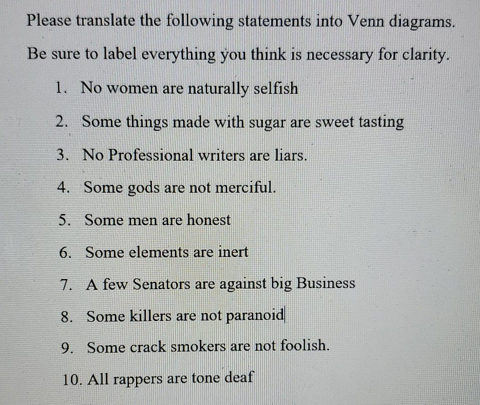 Solved Please translate the following statements into Venn | Chegg.com